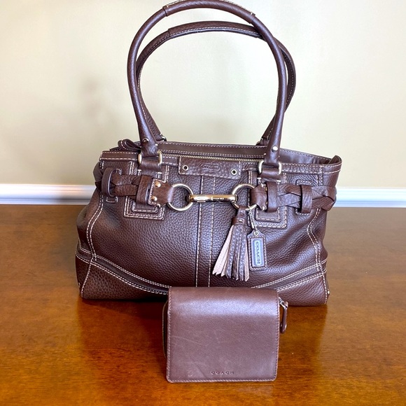 Coach | Bags | Coach Hampton F384 Brown Leather Carryall Satchel Braid ...